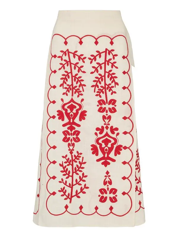 RAFFYA Cross Hatch Embroidered Wrap Midi Skirt - White/red