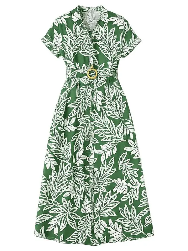 YUMI Leaf Print Viscose Midi Shirt Dress - Green