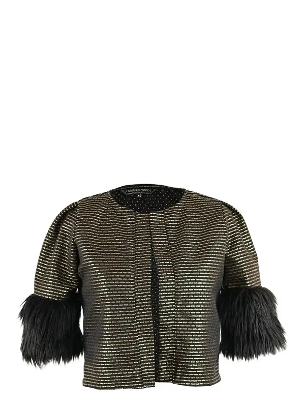 JENNAFER GRACE Metallic Jacquard Jacket With Faux Fur Cuffs - Gold