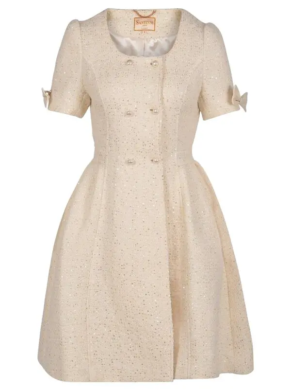 SANTINNI Wool Tweed Double-breasted Dress Coat - White