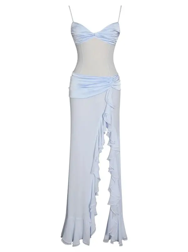 MISS CIRCLE NEW YORK Lacy Ruched High Slit Chiffon Gown - Blue