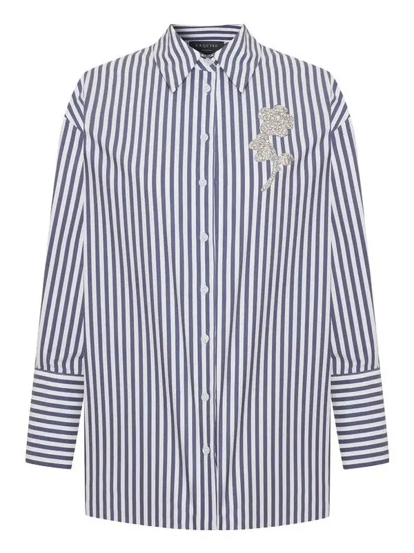 EXQUISE Striped Embellished Poplin Shirt - Blue/white