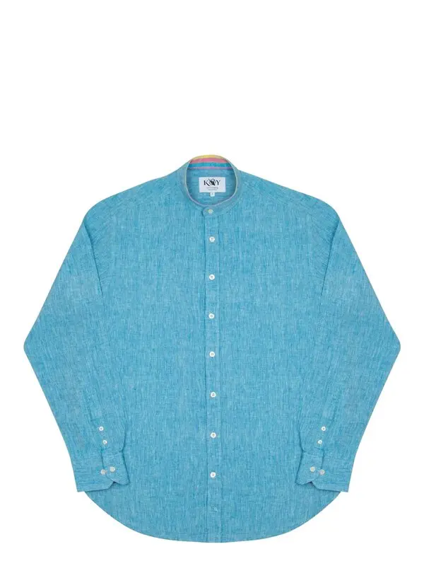 KOY CLOTHING Turquoise Linen Shirt Grandfather Collar - Blue