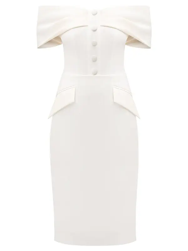 TIA DORRAINE Off-shoulder Fitted Midi Dress - White