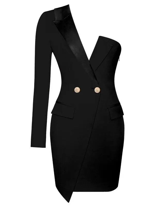MISS CIRCLE NEW YORK One-shoulder Tuxedo Blazer Dress - Black