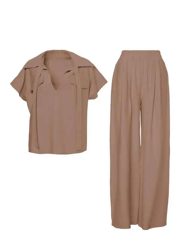 BLUZAT Linen Shirt And Wide Leg Trousers - Brown