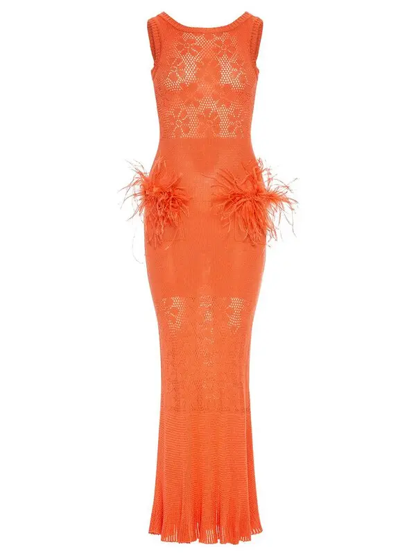 ANDREEVA Knit Midi Dress With Feather Embellishments - Orange