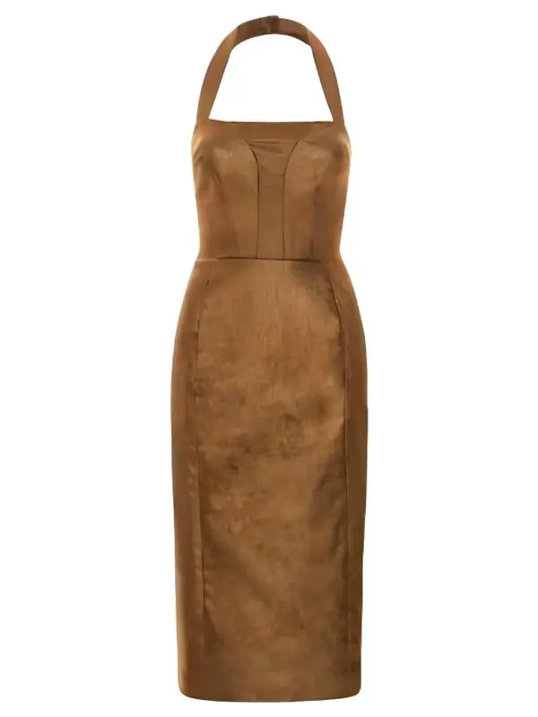 LAHIVE Aliza Bronzed Velvet Halter Dress - Brown/gold