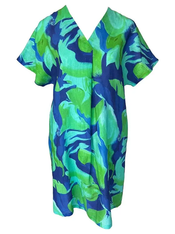 Haris Cotton Printed Linen Notched Neckline Dress - Blue/green