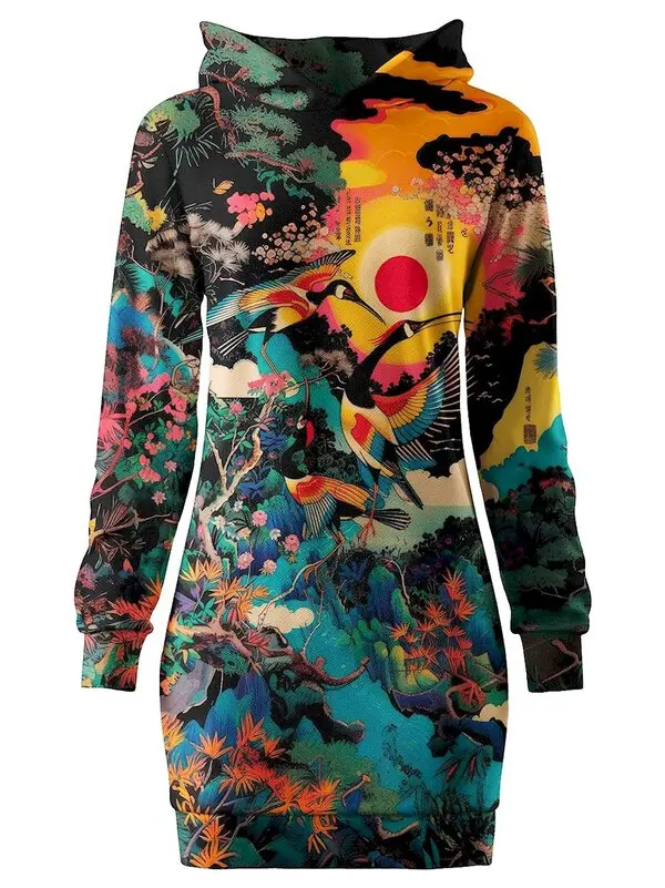 ALOHA FROM DEER Japanese Heron Oversize Hoodie Dress - Green/yellow