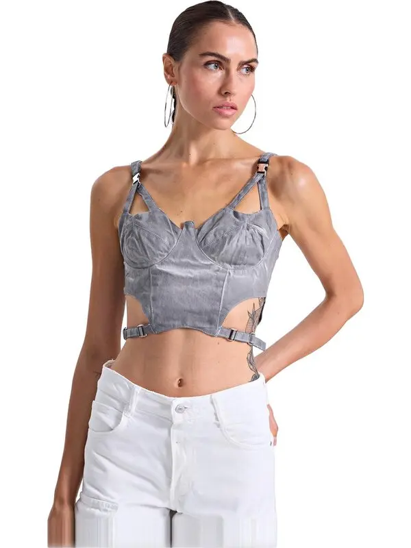 GOC DENIM Structured Cut-out Corset Top - Grey