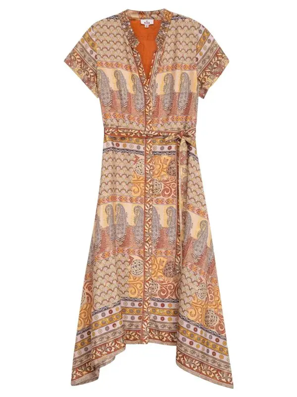 NIZA Printed Midi Shirt Dress With Belt - Brown