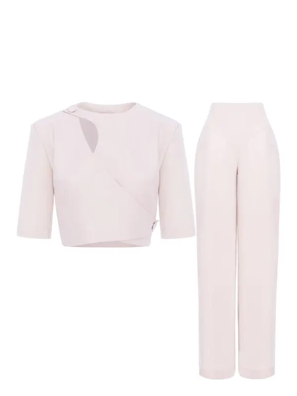 BLUZAT Cut-out Top And Palazzo Pants Set - Beige