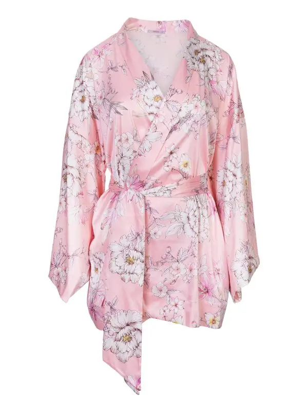 OH!ZUZA NIGHT&DAY Satin Kimono With Floral Print - Pink/white