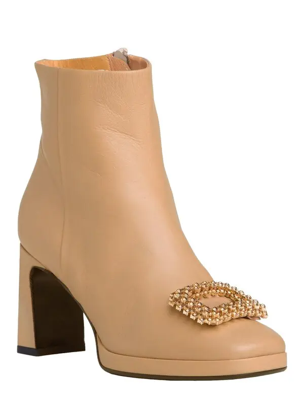 BEAUTIISOLES BY ROBYN SHREIBER Leather Ankle Booties With Rhinestone Buckle - Brown