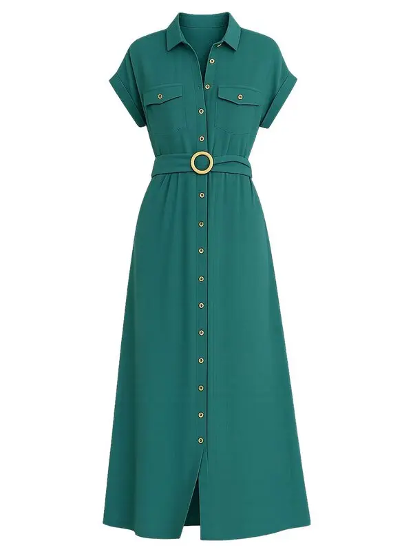 YUMI Viscose Midi Shirt Dress With Wooden Belt - Green