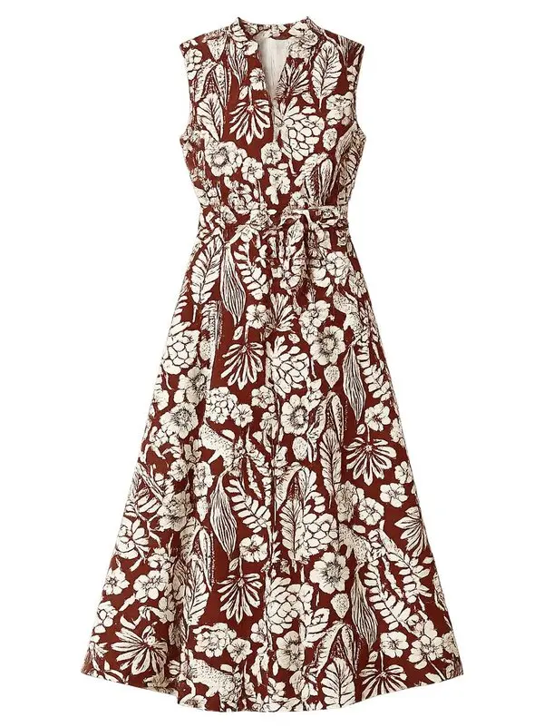 YUMI Leaf Print Midi Shirt Dress - Brown