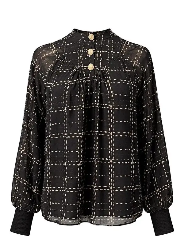 EXQUISE Plaid Chiffon Amboree Blouse - Black