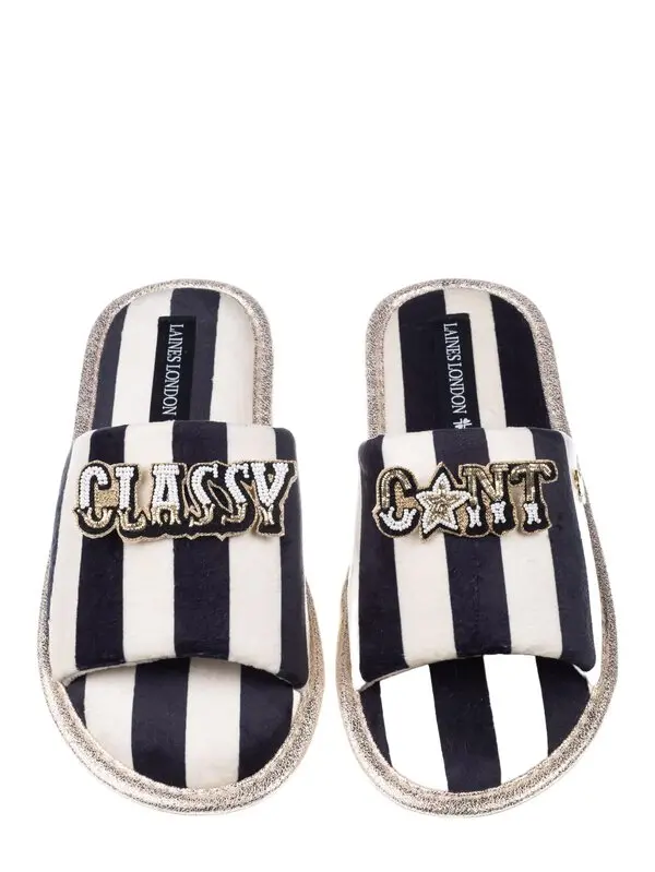 LAINES LONDON Flatform Stripe Open Toe Slippers With Brooches - Black/white