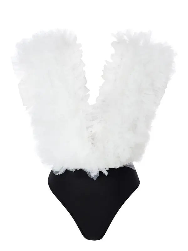 LIA ARAM Signature Ruffled Tulle Bodysuit - White