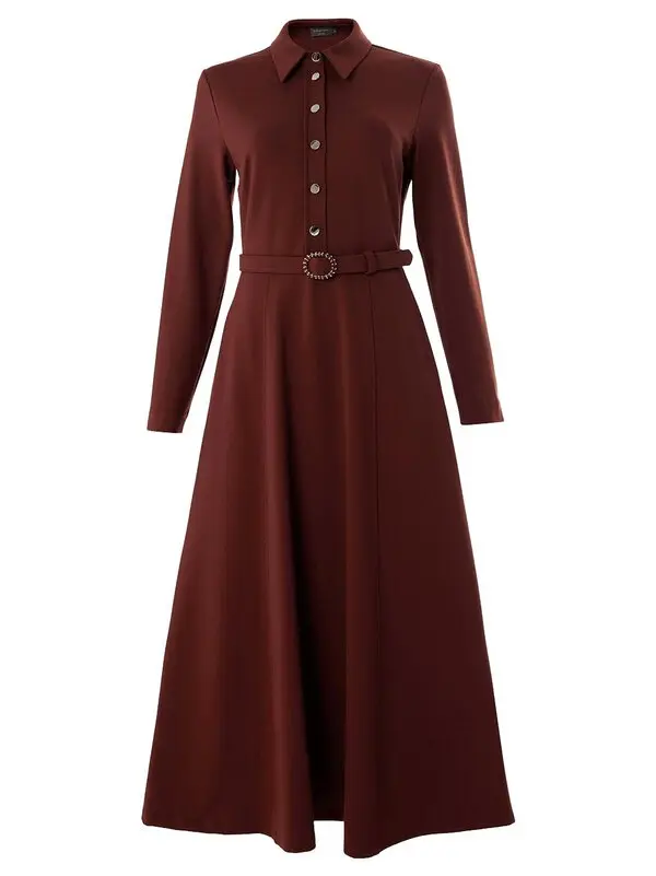 EXQUISE Long Sleeve Knit Dress With Pockets - Brown/red