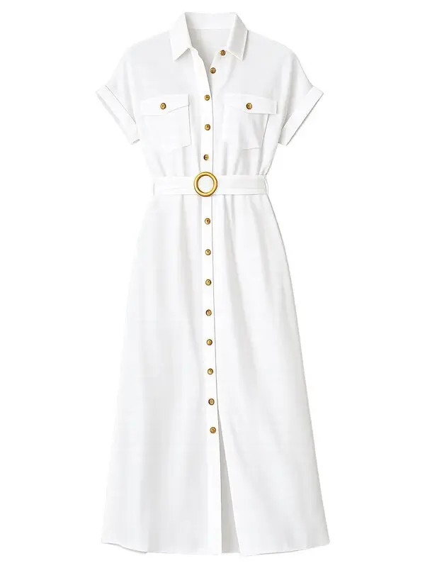 YUMI Viscose Linen Look Midi Shirt Dress With Wooden Belt - White
