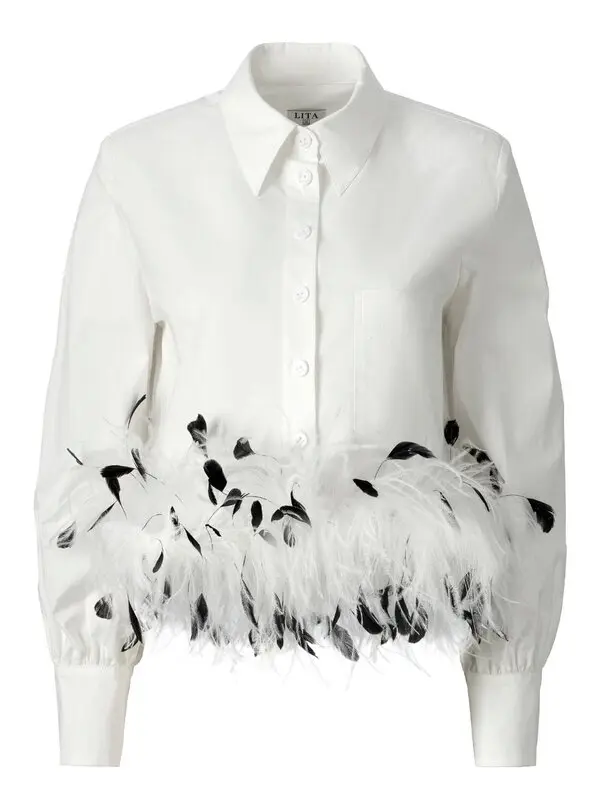 LITA COUTURE Cropped Feather-trimmed Poplin Shirt - White