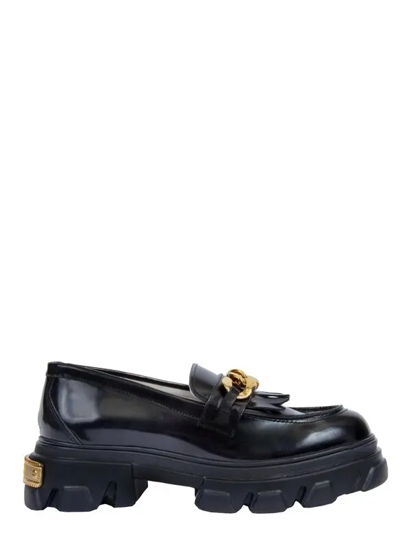 URBNKICKS Leather Loafers With Chain Detail - Gold/black