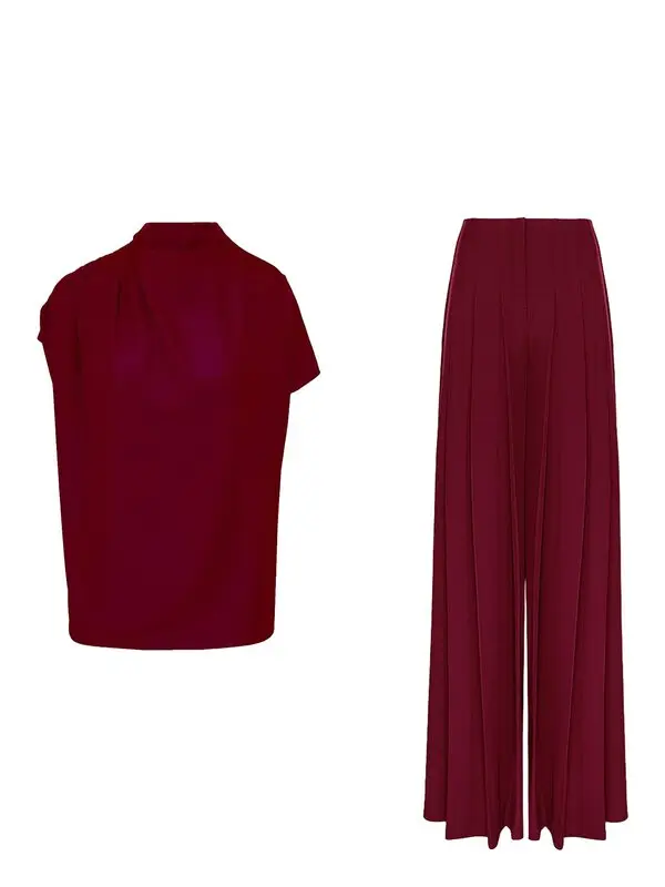 BLUZAT Draped Top And Pleated Pants Set - Red
