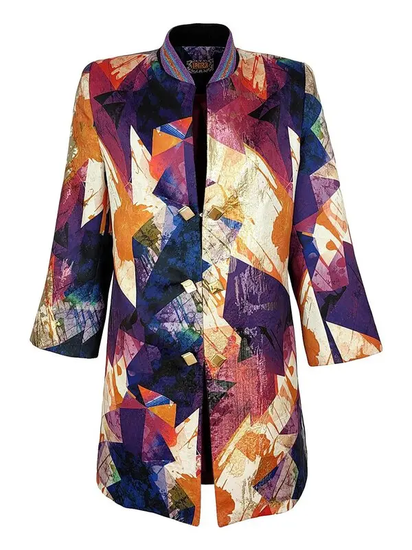 LALIPOP DESIGN Abstract Print Jacquard Long Coat - Purple/red/yellow