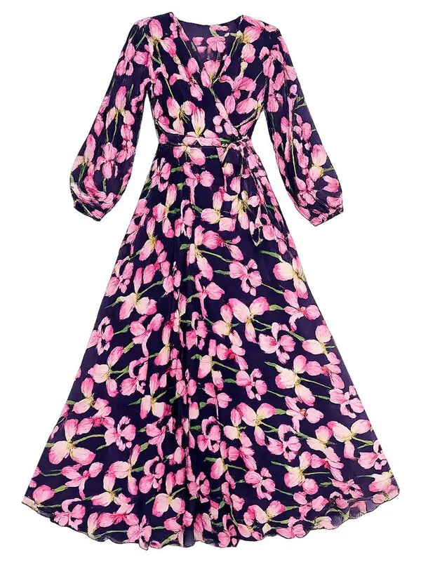 YUMI Floral Pleated Wrap Maxi Dress - Blue