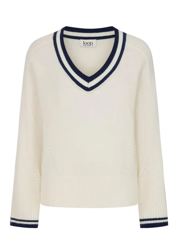 LOOP CASHMERE Striped Tipped V-neck Lofty Sweater - White
