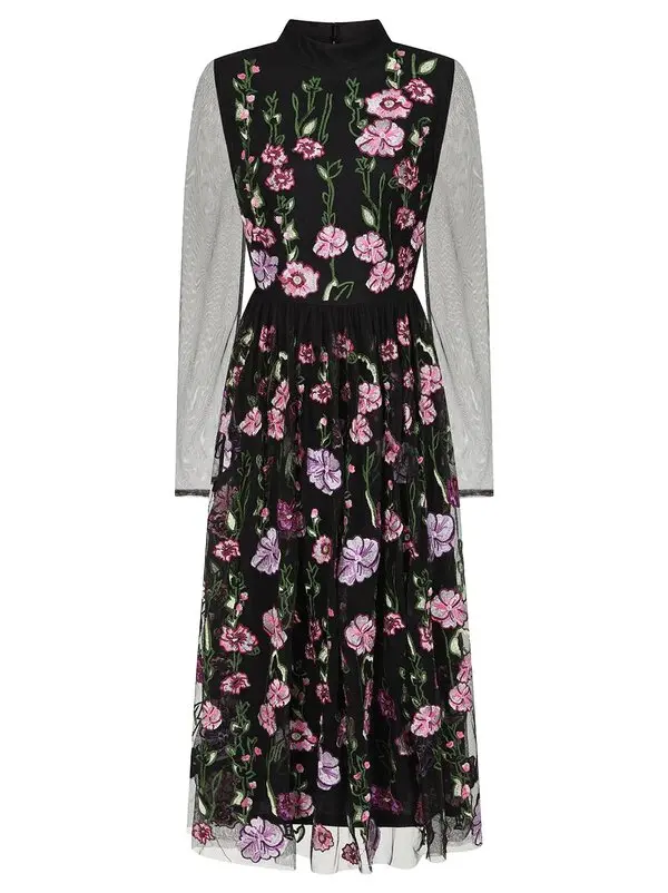 FROCK AND FRILL Raena Floral Embroidered Midi Dress - Black