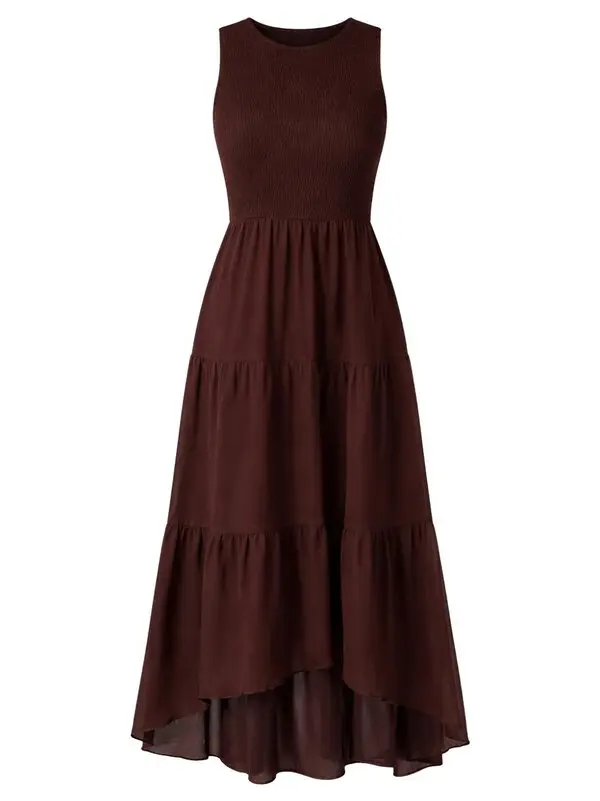 GIRL IN MIND Calla Shirred Tiered Midi Dress - Brown