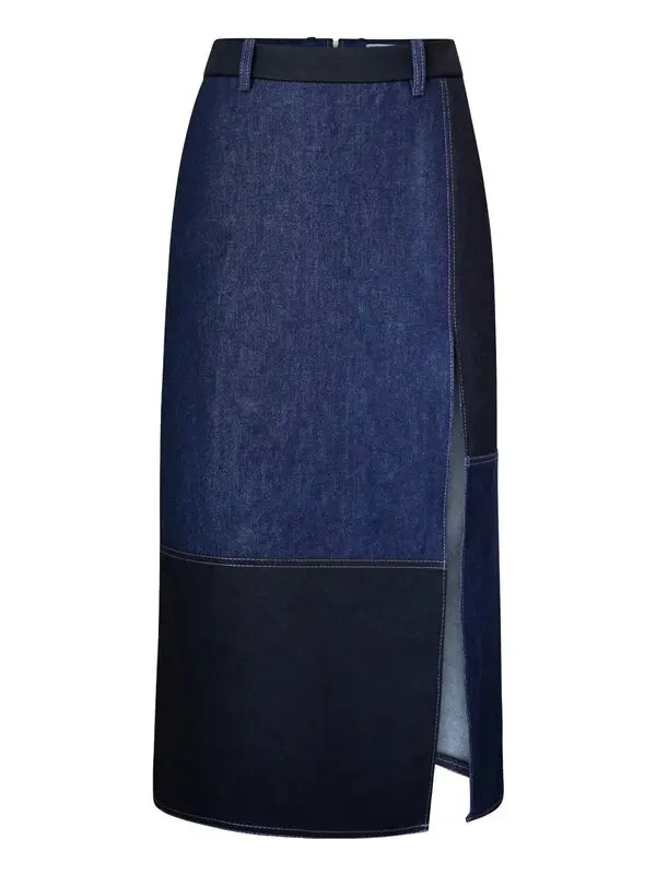 KATHY C VANG Demi Color Block Denim Midi Skirt - Blue