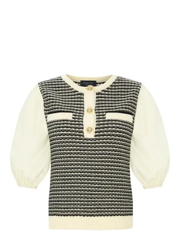 EXQUISE Knit Blouse With Poplin Sleeves And Pocket Detail - Beige