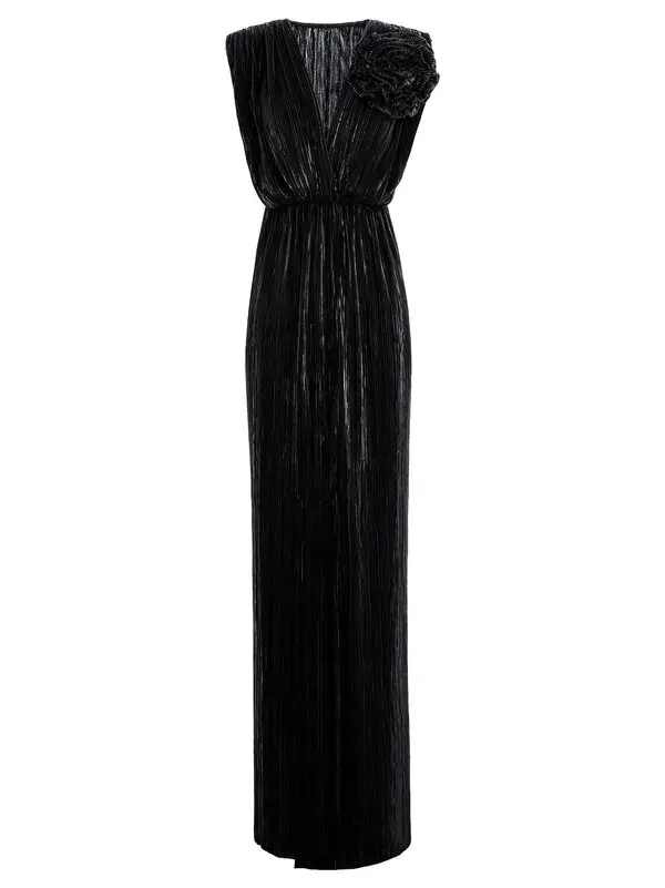 ROSERRY Sicily Maxi Pleated Lurex Satin Dress - Black
