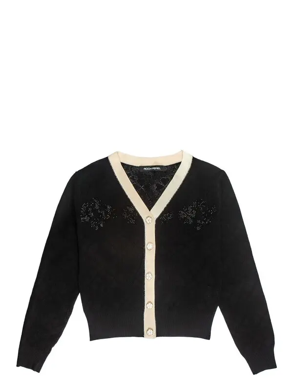 ROCH PEREL Pointelle Floral Studded Cardigan - Black
