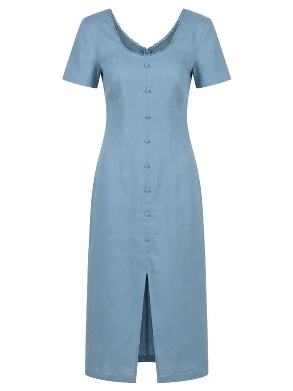 ASHITA FERNANDES Linen Midi Dress With Scalloped Scoop Neckline - Blue