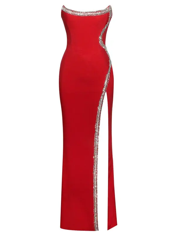 MISS CIRCLE NEW YORK Crystal Embellished High Slit Gown - Red