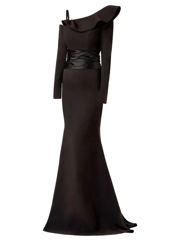 TIA DORRAINE Asymmetric Ruffled Gown With Satin Belt - Black