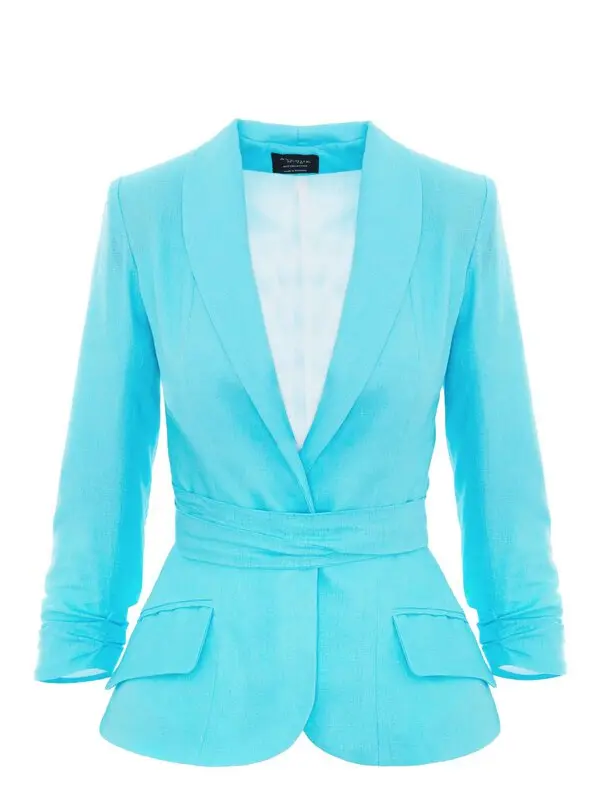 AVENUE N°29 Linen Structured Blazer With Belt - Blue