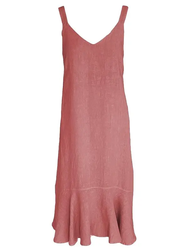 Haris Cotton Strapped Midi Linen Dress With Back Elastic - Brown