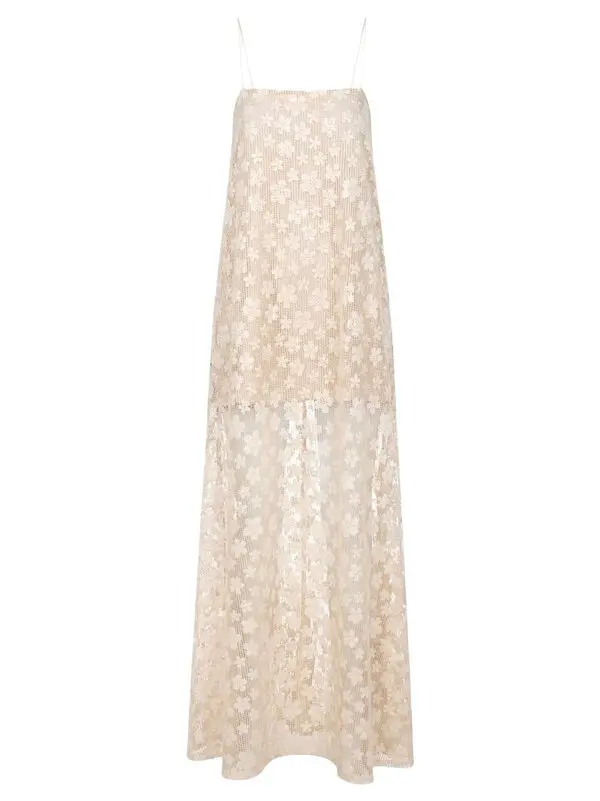 KARGEDE Floral Crochet Sequin Trapeze Maxi Dress - Beige