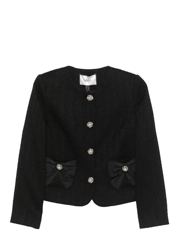 NISSA Bow-detailed Boucle Suit Jacket - Black