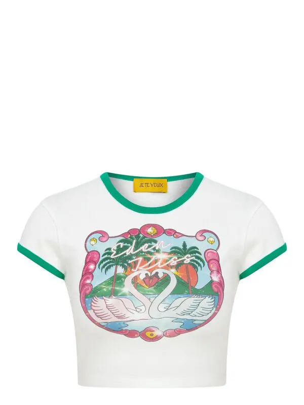 JE TE VEUX Eden Kiss Swan Print Cropped Baby Tee - White