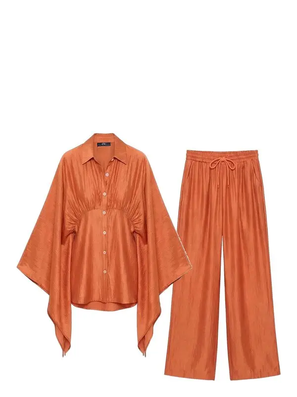 CY BOUTIQUE Satin Cape-sleeve Shirt & Wide-leg Trouser Co-ord - Orange