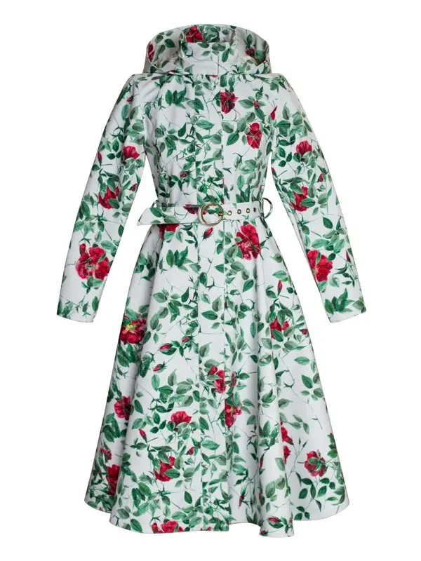RAINSISTERS Fit & Flare Floral Coat With Belt - White/green