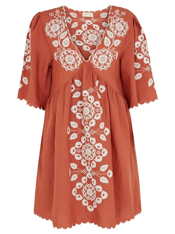 RAFFYA Arabella Embroidered Linen Mini Dress - Brown