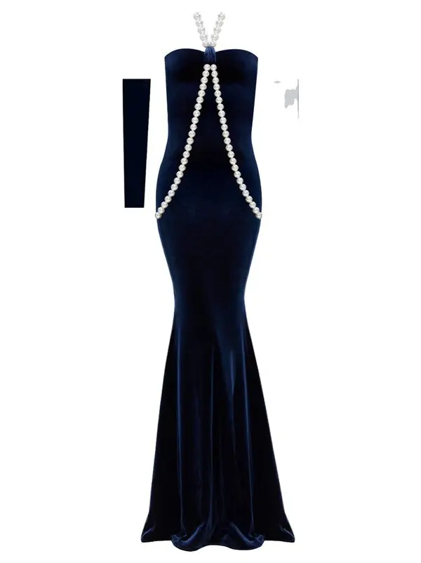 NUR KARAATA Velvet Gown With Pearl Embellishments - Blue